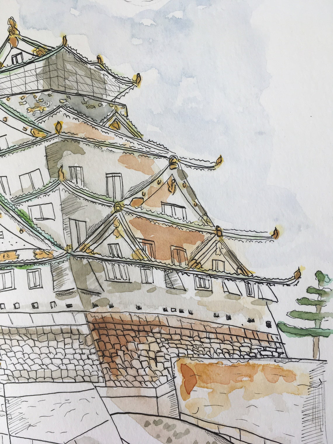 Osaka Castle Urban Sketch Watercolor and Ink Japan Landscape Painting ...