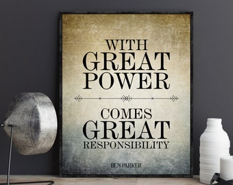 Spiderman Print - Great Power, Responsibility, Motivational Poster ...