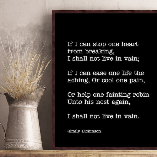 Emily Dickinson Poem Poster Quote If I Can Stop One Heart From | Etsy