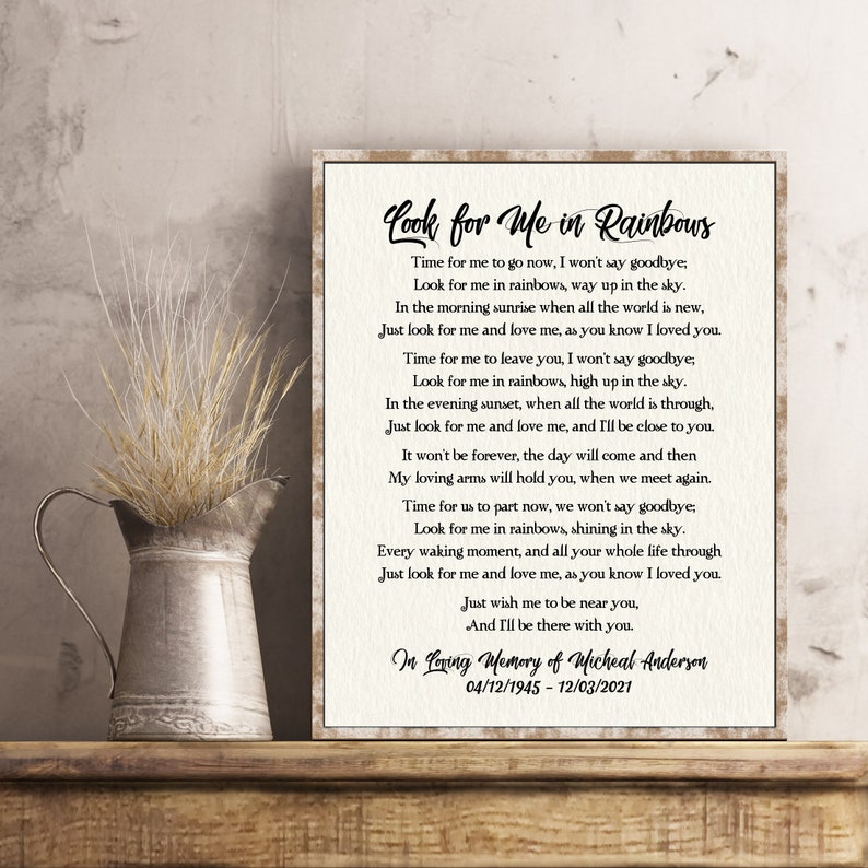Look for Me in Rainbows Memorial Sympathy Bereavement Gift Poem Print ...