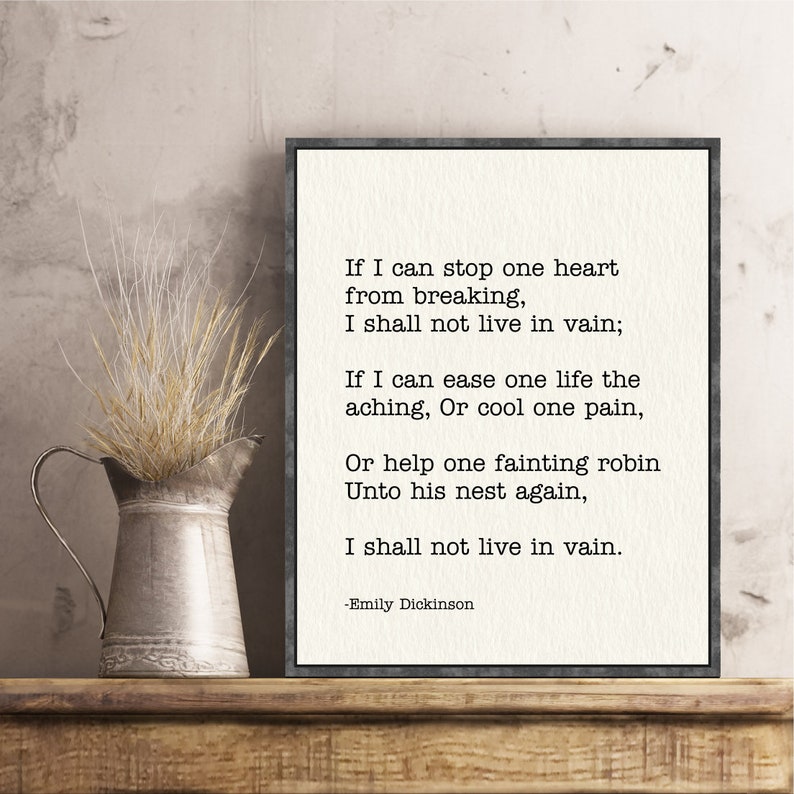 Emily Dickinson Poem Poster Quote If I Can Stop One Heart From | Etsy