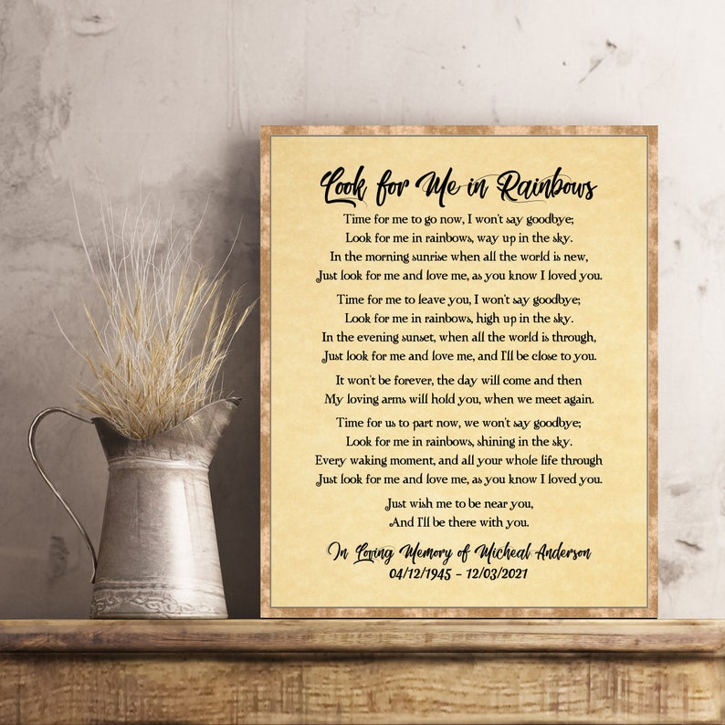 Look for Me in Rainbows Memorial Sympathy Bereavement Gift Poem Print ...