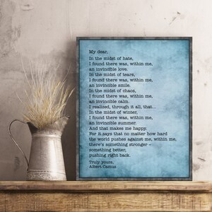 Albert Camus Invincible Summer Poem Wall Art Poster Print in the Midst ...