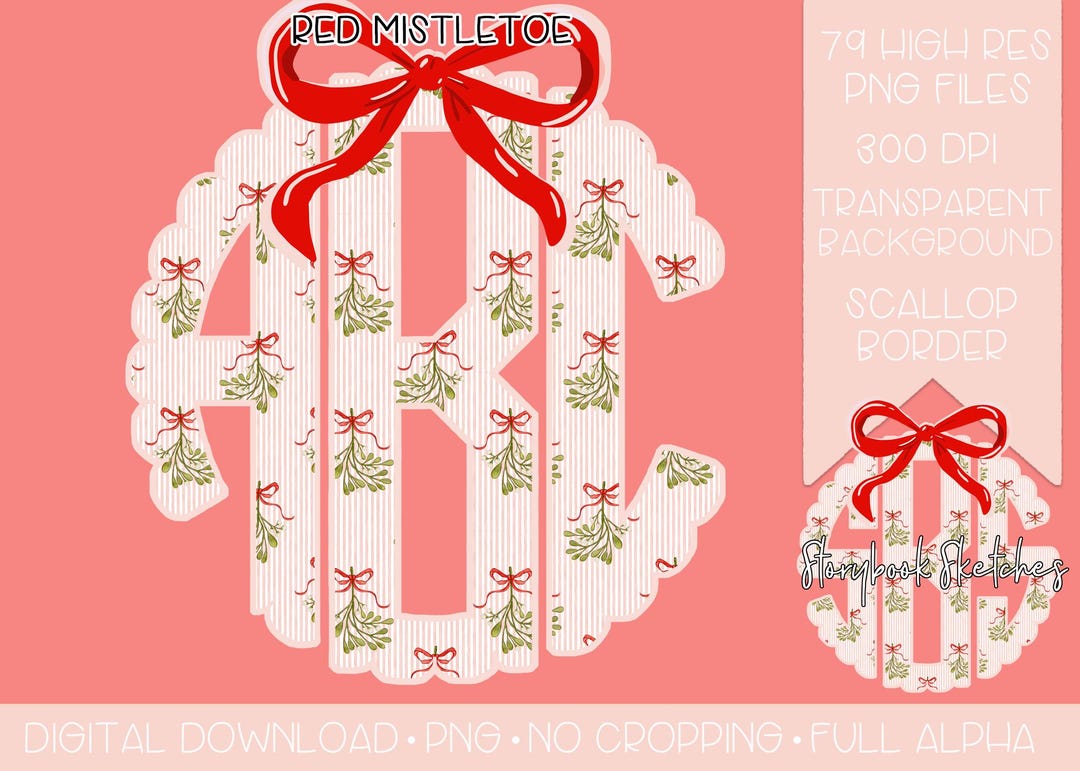 Red Mistletoe Bow Scallop Monogram PNG | Digital Download | Christmas ...