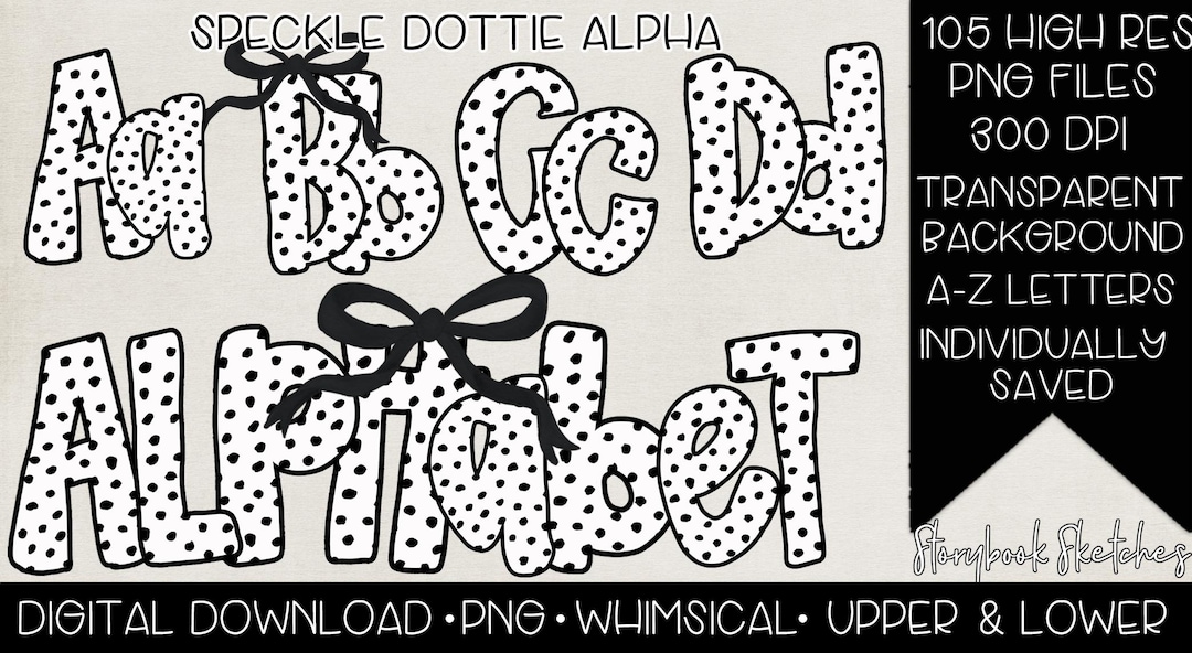 Black & White Speckle Dottie Bow Alphabet Pack PNG | Digital Download ...
