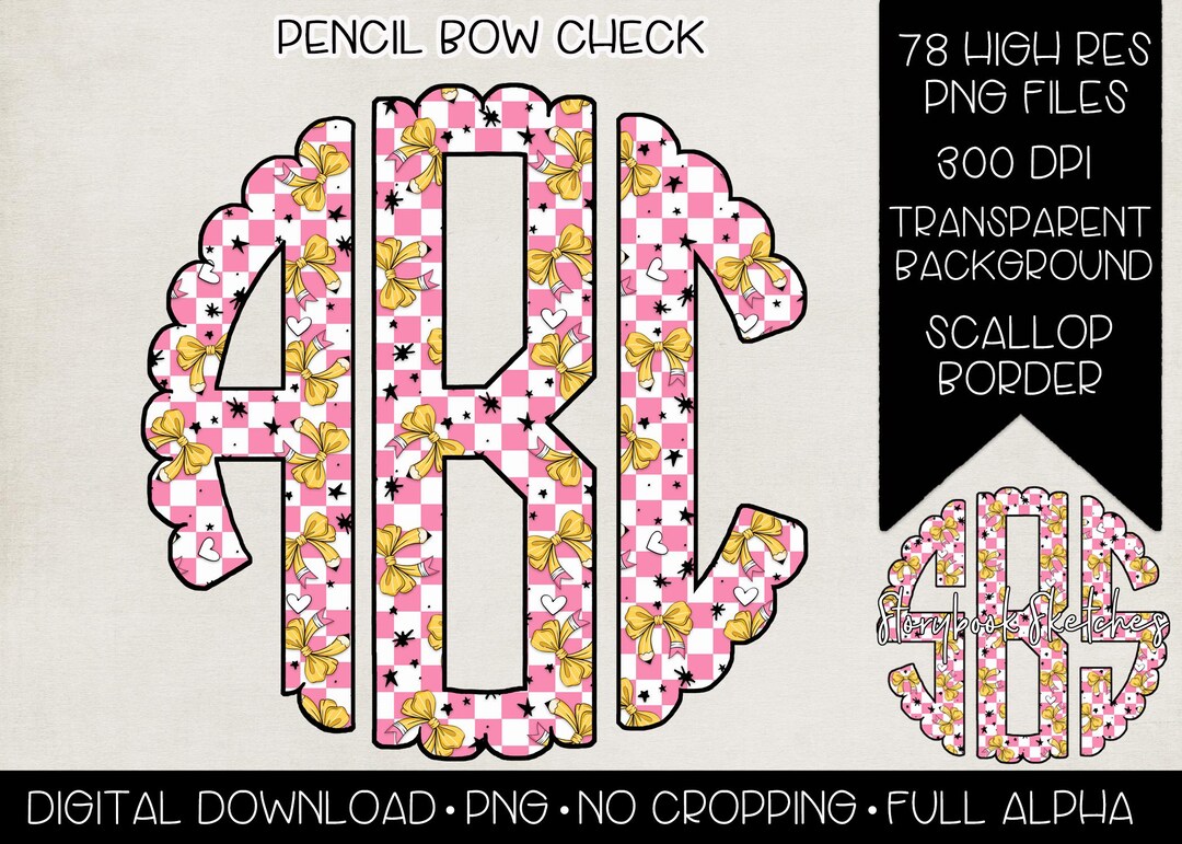 School Pencil Bow Checker Monogram PNG | Digital Download | Back to ...