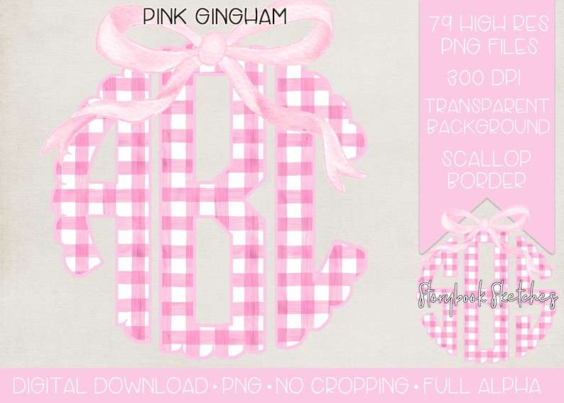 Pink Gingham Bow Monogram PNG | Digital Download | Pink Gingham ...