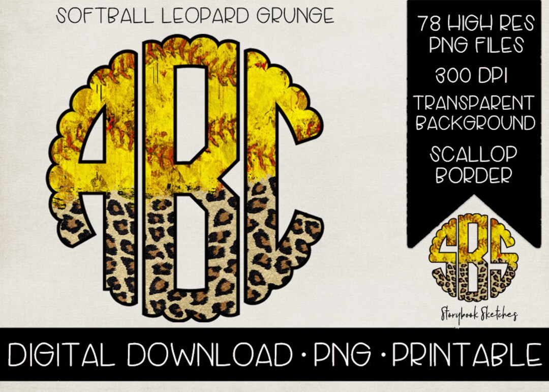 Softball Leopard Grunge Monogram PNG Digital Monogram - Etsy