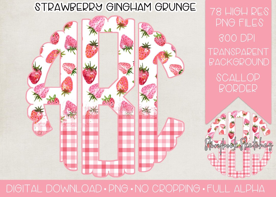 Strawberry Gingham Grunge Monogram PNG | Digital Download ...