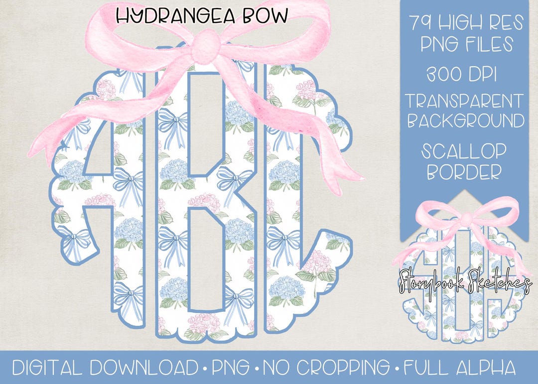 Hydrangea Bow Monogram PNG | Digital Download | Grandmillennial Floral ...