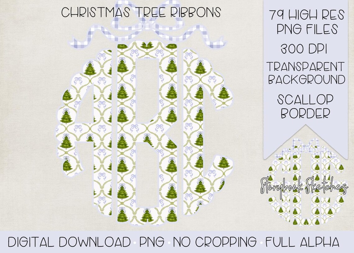 Bow Christmas Tree Ribbons Monogram PNG | Digital Download ...