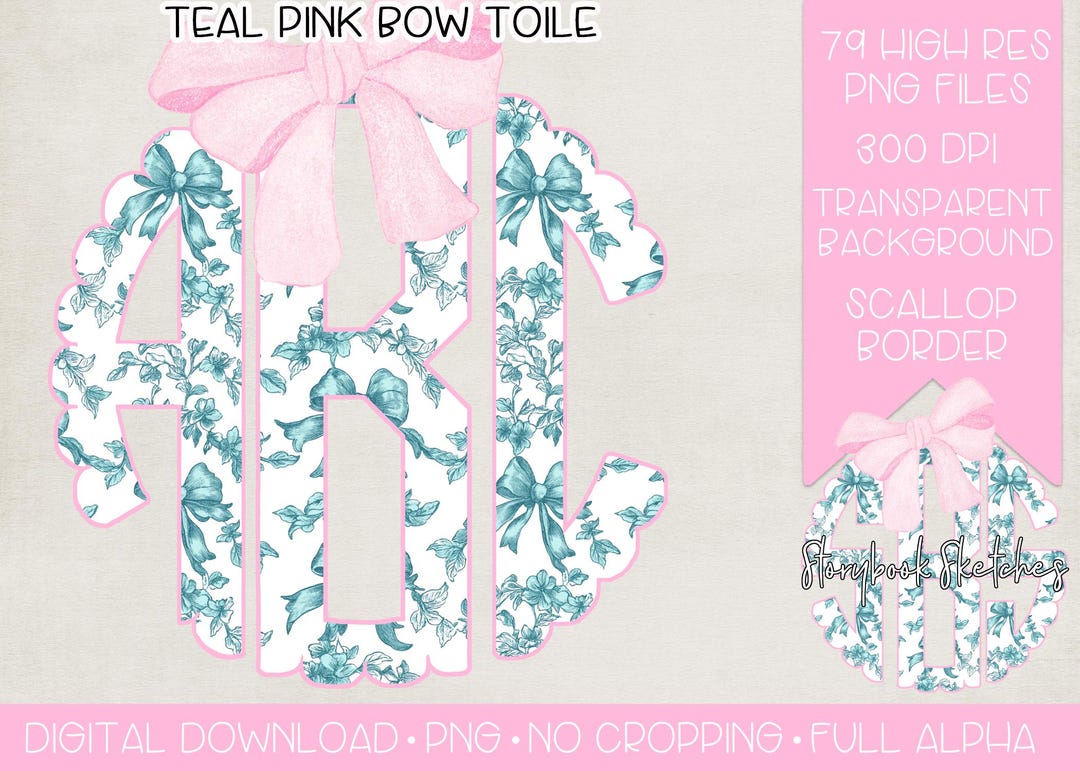 Teal & Pink Bow Toile Bow Monogram PNG | Digital Download | Aqua Bow ...