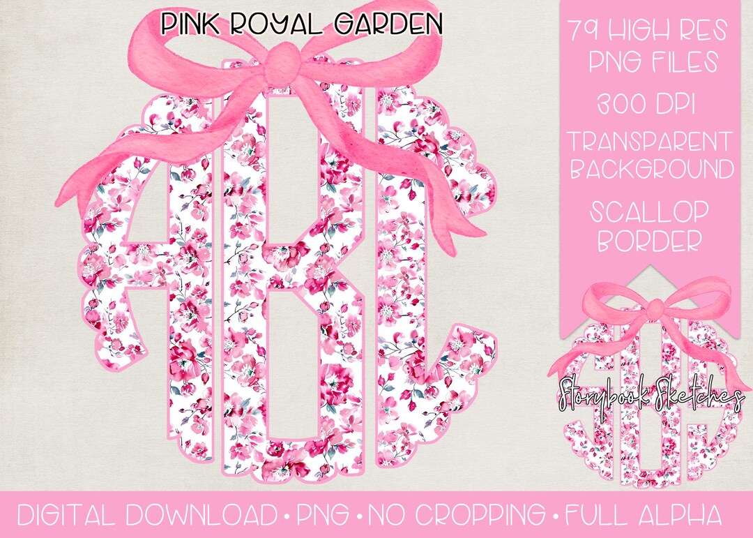 Pink Royal Garden Bow Monogram PNG | Digital Download | Pink Floral Bow ...