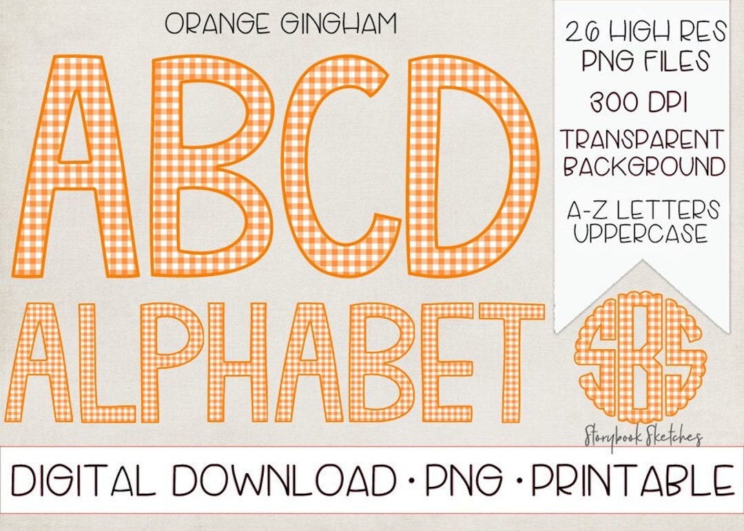 Orange Gingham Uppercase Alphabet PNG | Digital Download | Printable ...