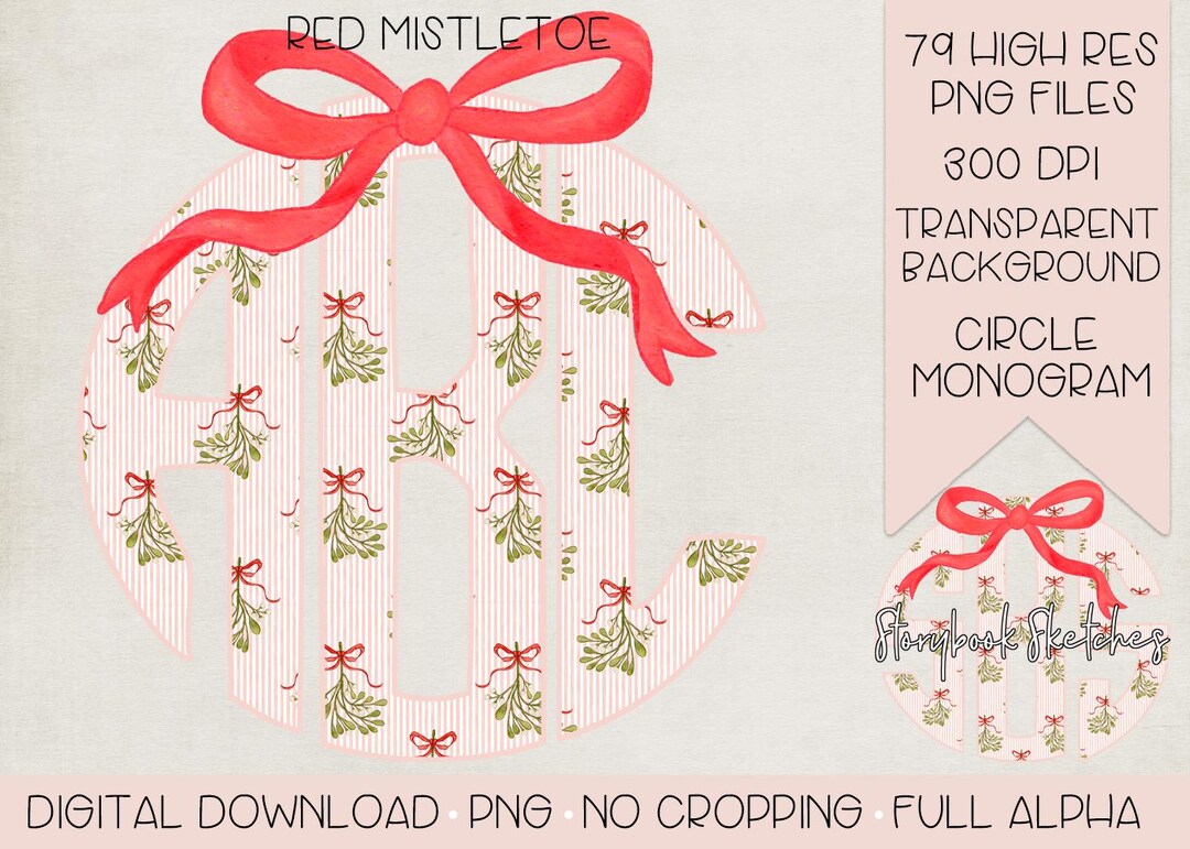 Red Bow Mistletoe Stripe Monogram PNG | Digital Download | Christmas ...
