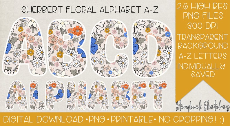 Sherbert Alphabet PNG Digital Download Ditsy Floral Alphabet A-Z PNG ...