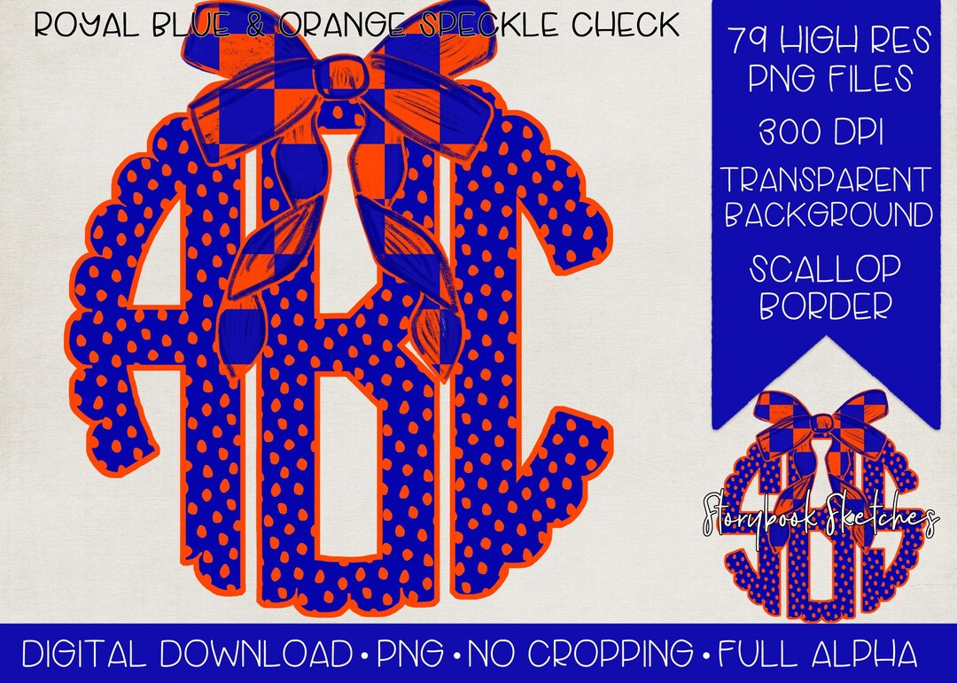 Royal Blue Orange Speckle Monogram With Checker Bow PNG | Digital ...