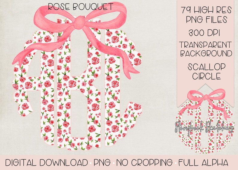 Rose Monogram PNG | Digital Download | Pink Bow Red Roses Monogram PNG ...