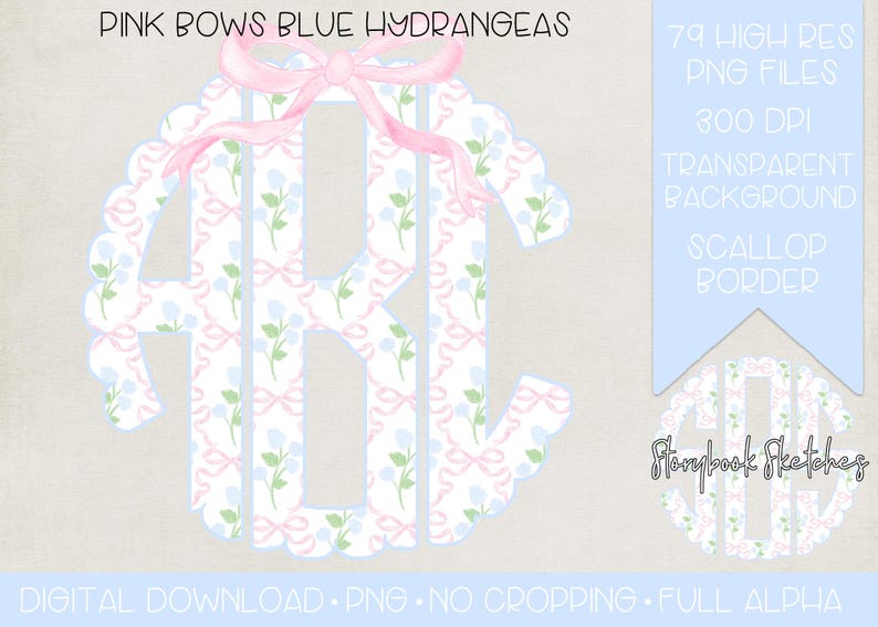 Pink Bows Blue Hydrangeas Monogram PNG | Digital Download ...