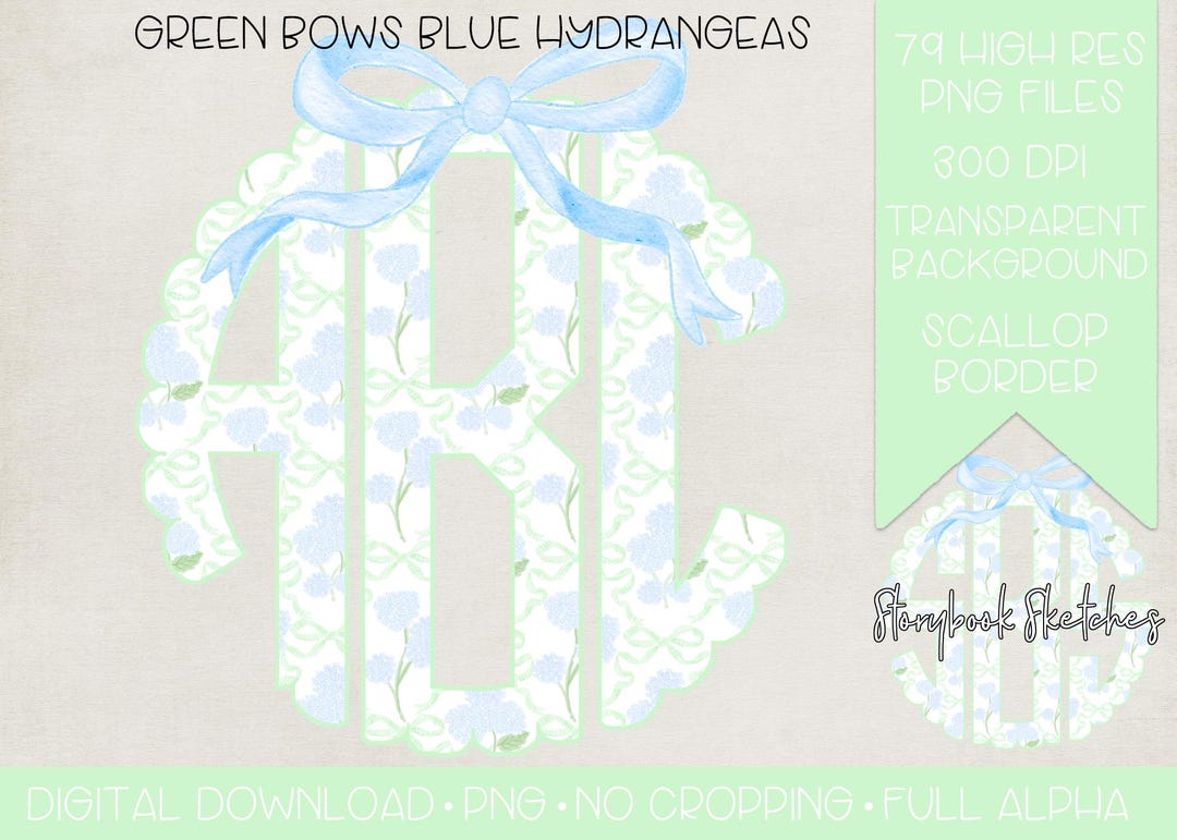 Green Bows Blue Hydrangea Blue Bow Monogram PNG | Digital Download ...