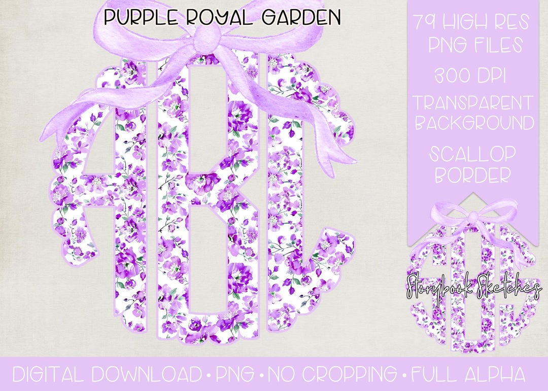 Purple Royal Garden Monogram PNG | Digital Download | Purple Floral Bow ...