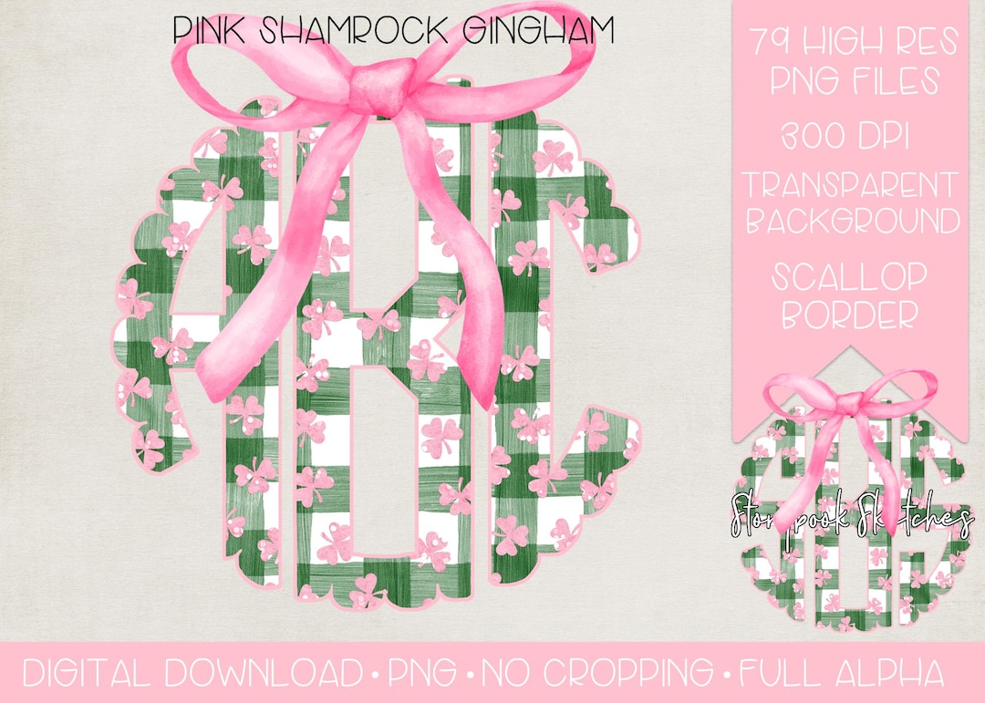 St Patty's Pink Shamrock Gingham Monogram PNG | Digital Download | St ...