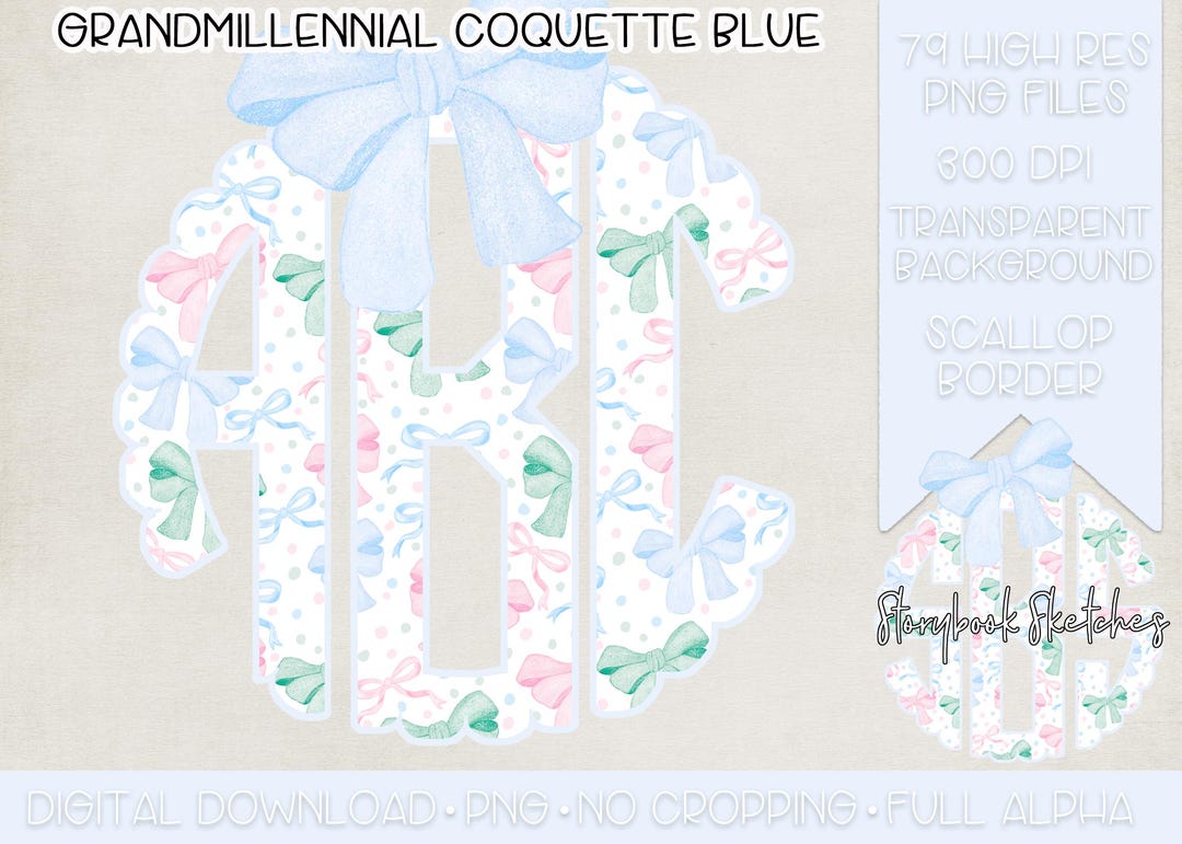 Blue Grandmillennial Coquette Bow Monogram PNG | Digital Download ...
