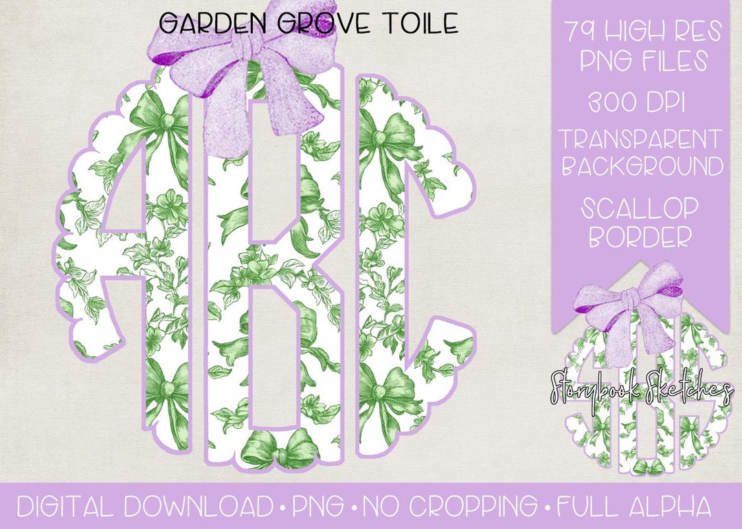 Garden Grove Bow Toile Monogram PNG | Digital Download | Coquette Bow ...