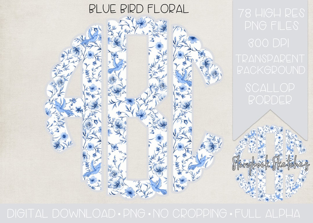 Blue Bird Floral Scallop Circle Monogram PNG | Digital Download | Full ...