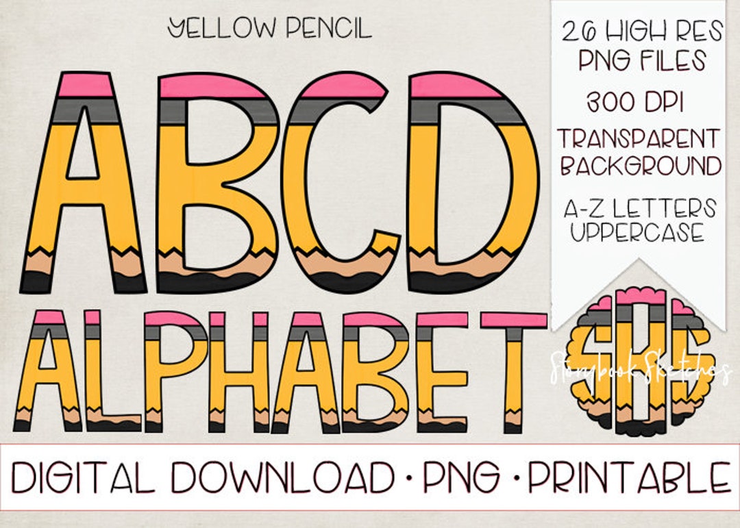 Yellow Pencil Alphabet PNG | Digital Download | Printable Yellow Pencil ...