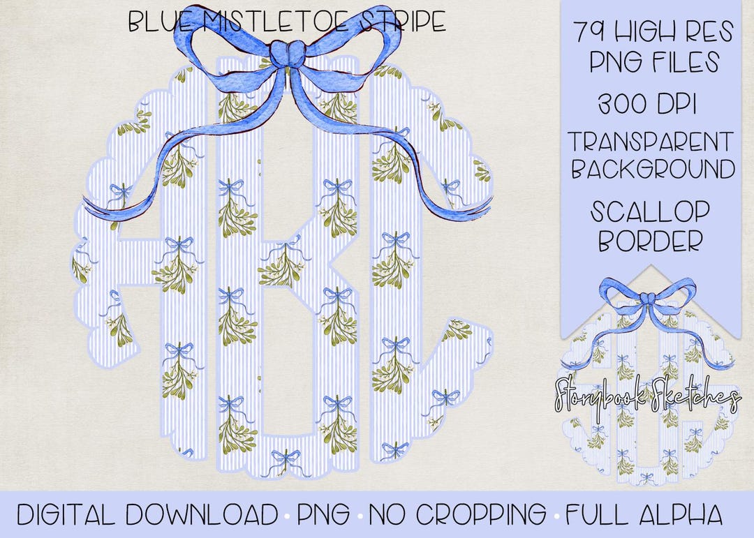 Blue Mistletoe Stripe Monogram With Bow | Digital Download | Blue ...