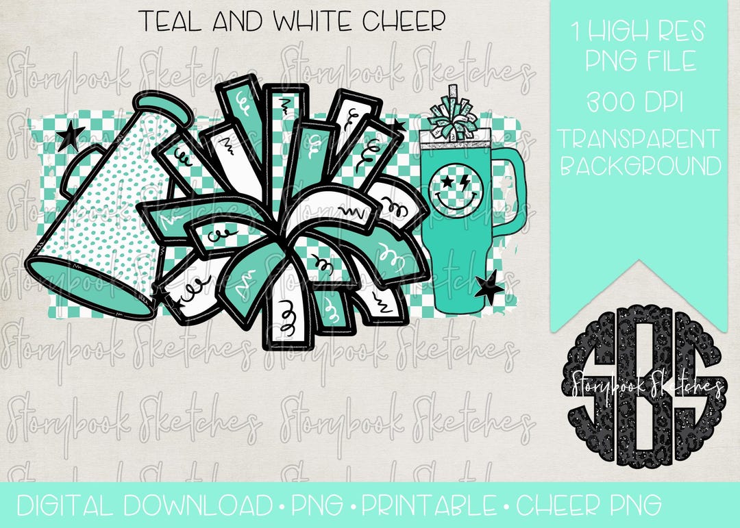 Teal Cheerleading Pom Pom Megaphone PNG | Digital Download | Aqua and ...