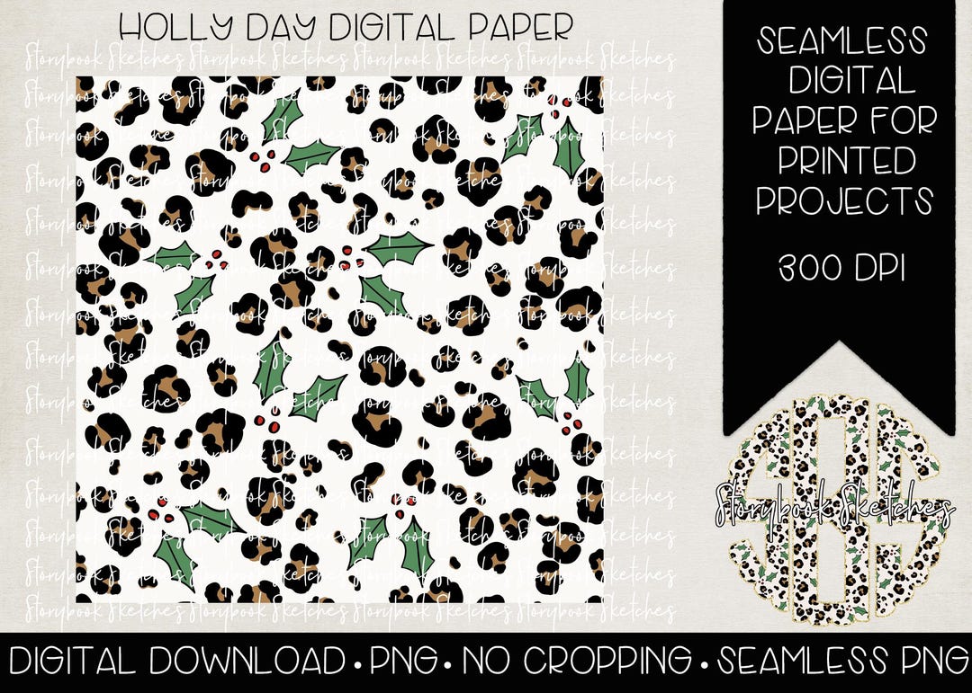 Holly Leopard Seamless Digital Paper PNG | Digital Download | Christmas ...
