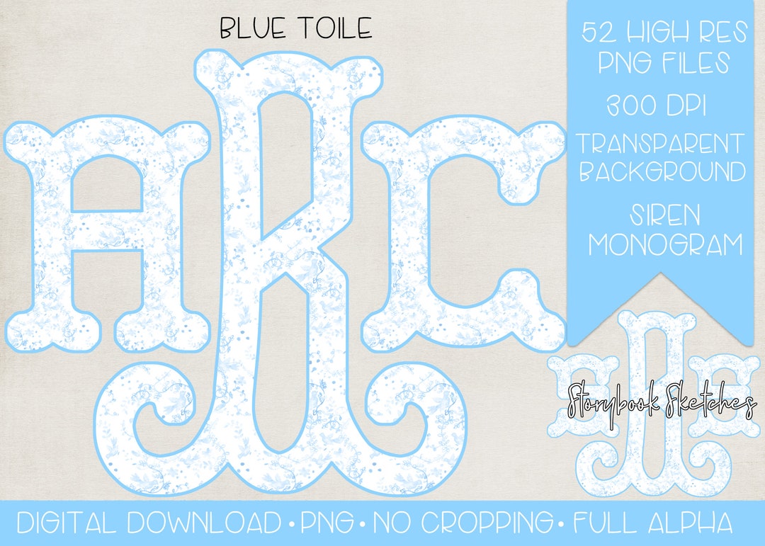 Watercolor Blue Toile Monogram PNG | Digital Download | Grandmillennial ...
