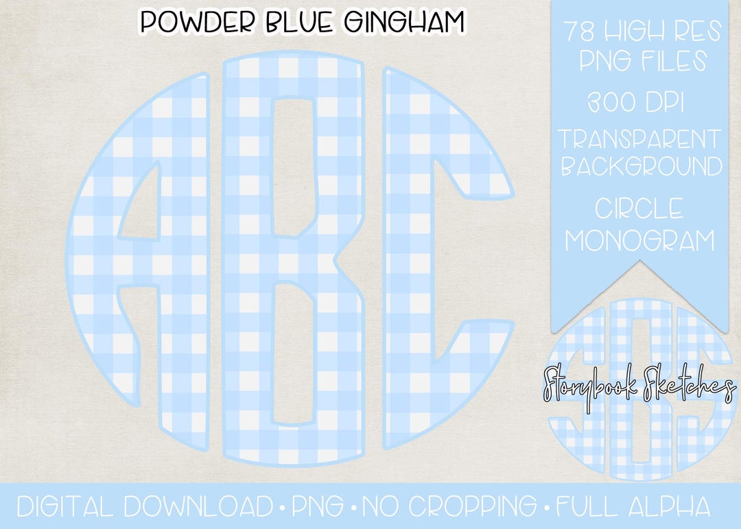 Powder Blue Gingham Circle Monogram PNG | Digital Download ...