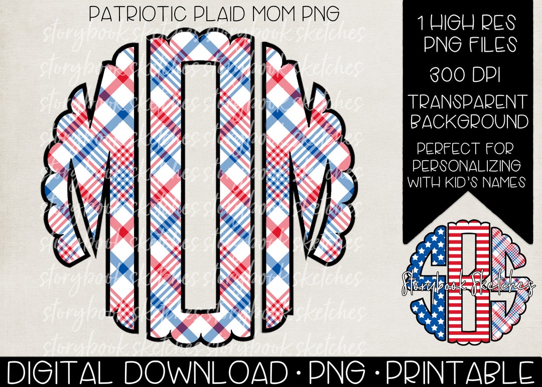 Patriotic Plaid Mom Monogram PNG Digital Download Red White and Blue ...