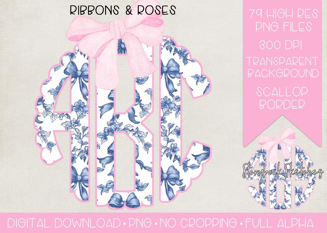 Ribbons and Roses Monogram PNG | Digital Download | Blue Toile Pink Bow ...