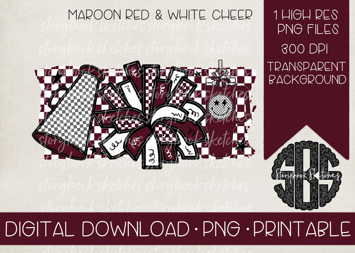 Maroon Red White Cheer Megaphone Pom Pom and Cup PNG | Digital Download ...