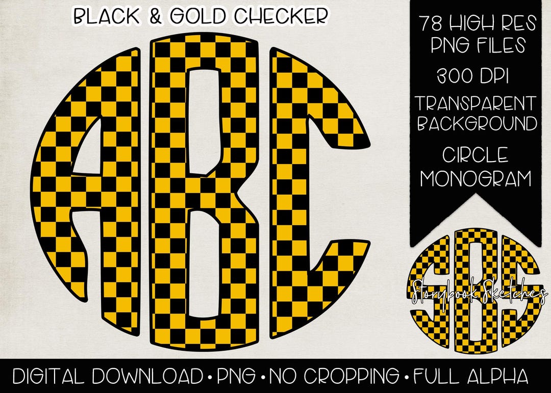Black & Gold Checker Circle Monogram PNG | Digital Download | Game Day ...