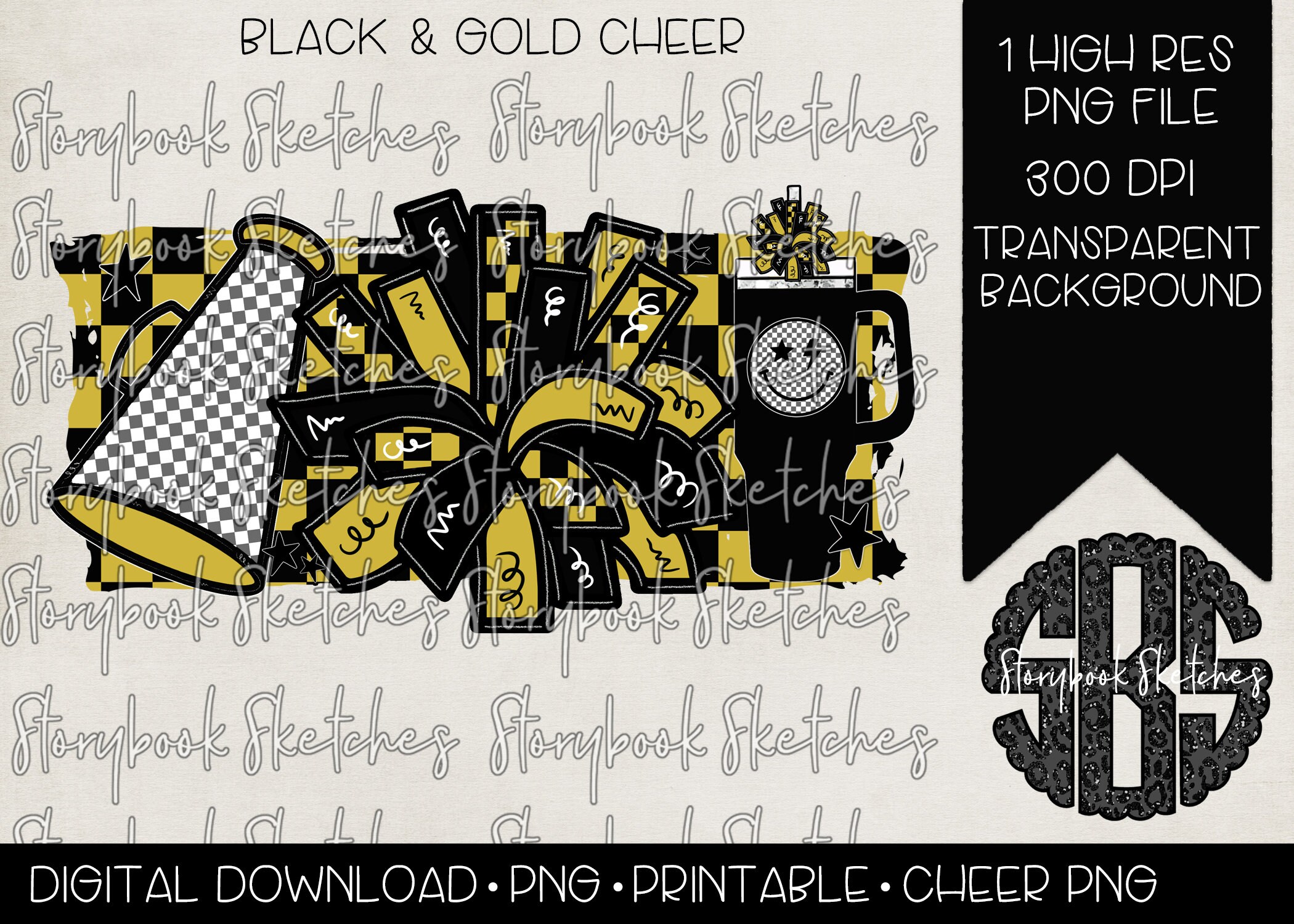 Black and Gold Cheer PNG Digital Download Cheerleading Pom Pom ...