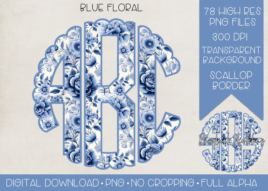Blue and White Floral Monogram PNG Digital Download Full Alphabet ...