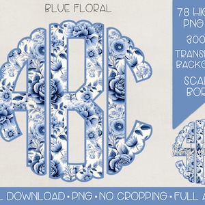 Blue and White Floral Monogram PNG Digital Download Full Alphabet ...
