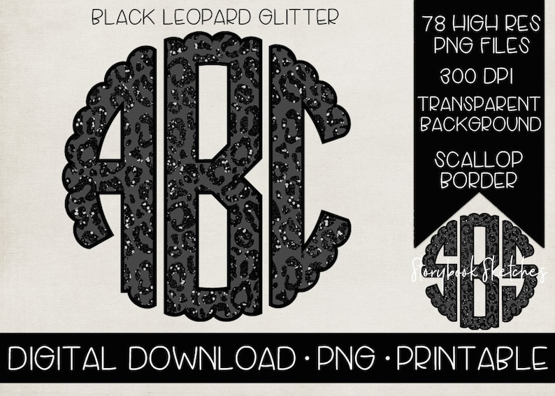 Black Glitter Leopard Scallop Monogram PNG | Digital Download ...