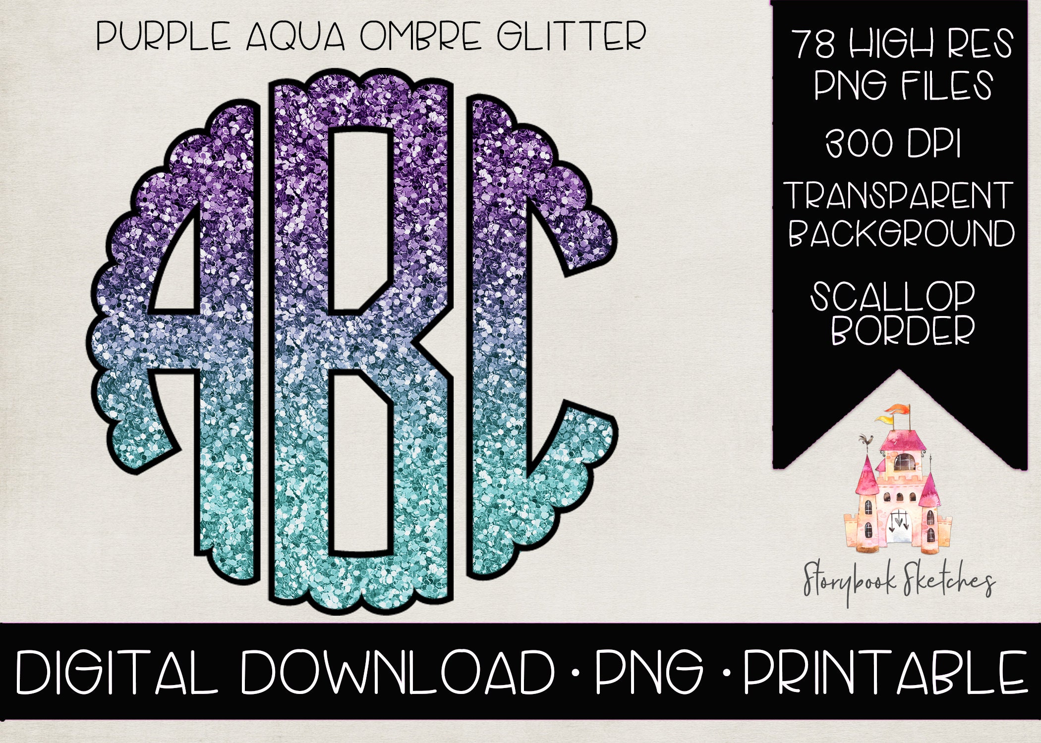 digital download Printable Purple Aqua Monogram Digital Glitter ...