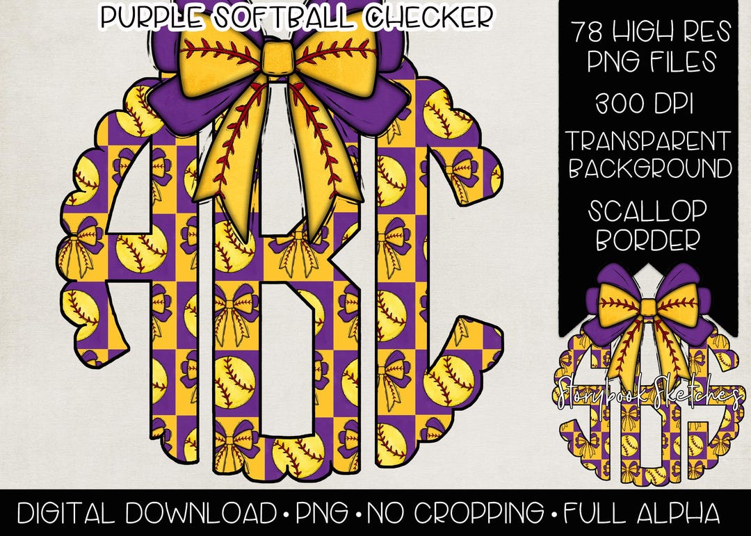 Purple Softball Checker Bow Monogram PNG | Digital Download | Softball ...