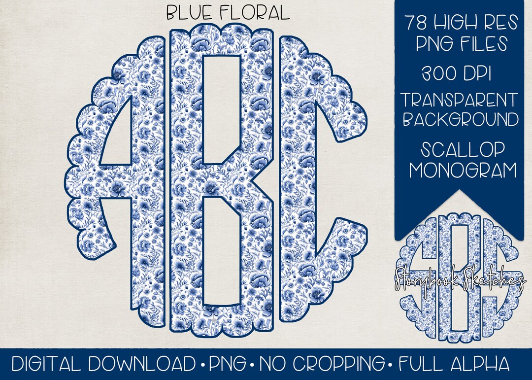 Blue & White Floral Monogram PNG | Digital Download | Grandmillennial ...