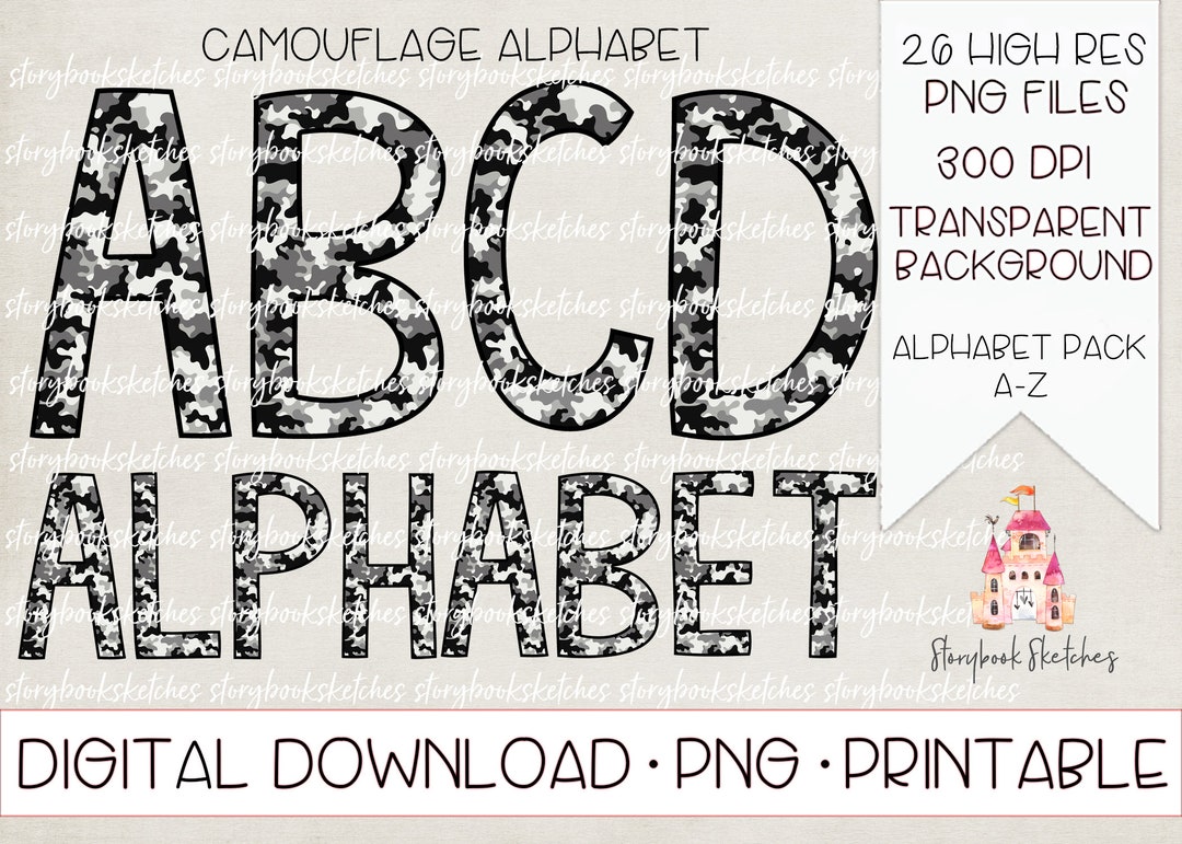 Black White Gray Camo Alphabet PNG | Digital Download | Camo Alphabet ...