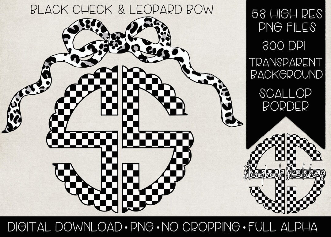 Black and White Checker Leopard Bow Monogram PNG | Digital Download ...