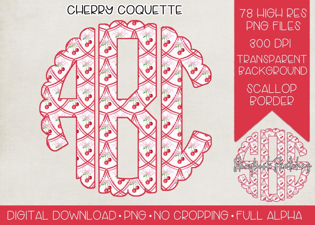 Cherry Coquette Monogram PNG | Digital Download | Summer Cherries Bow ...