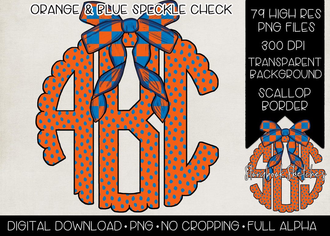 Orange & Blue Speckle Checker Bow Monogram PNG | Digital Download ...